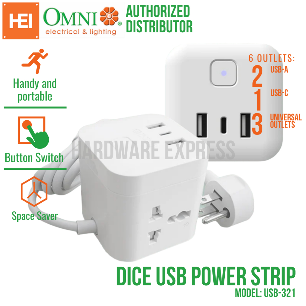 OMNI USB-321 Dice USB Power Strip Extension Cord W/ 6 Outlets (USB-A ...