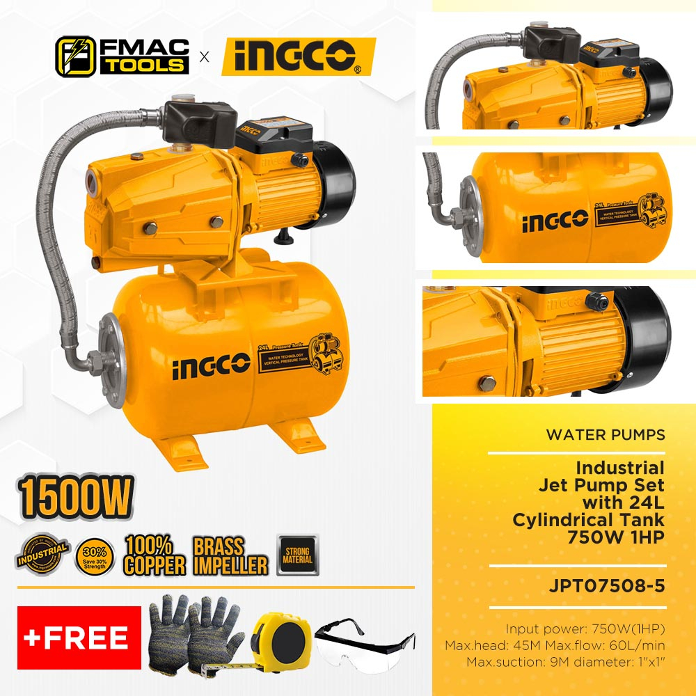 INGCO Industrial Jet Pump Set with 24L Cylindrical Tank 750W 1HP ...