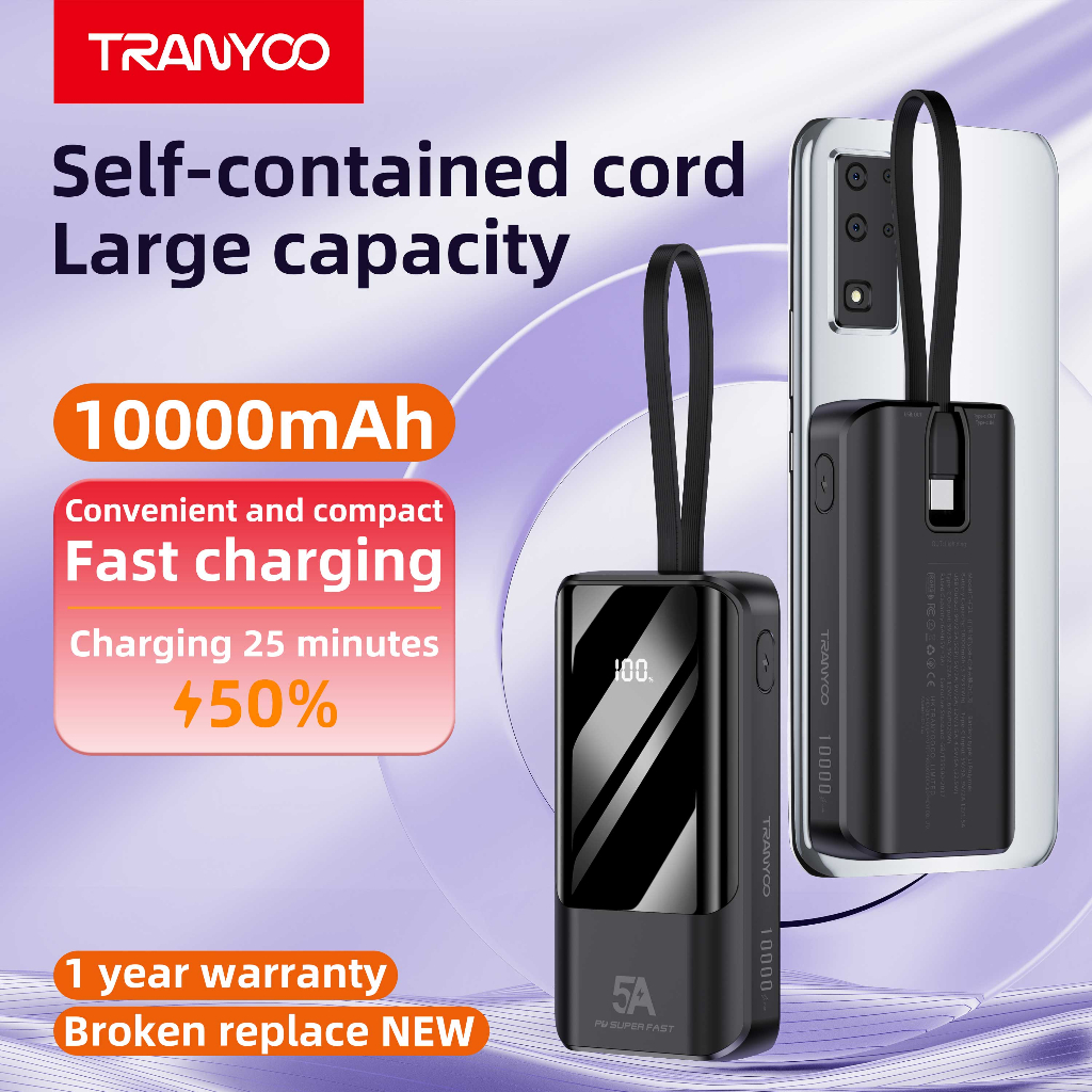 Tranyoo F21 10000mAh 22.5W Built-in Type C Cable Powerbank Original Super Fast Charging Stylish ...
