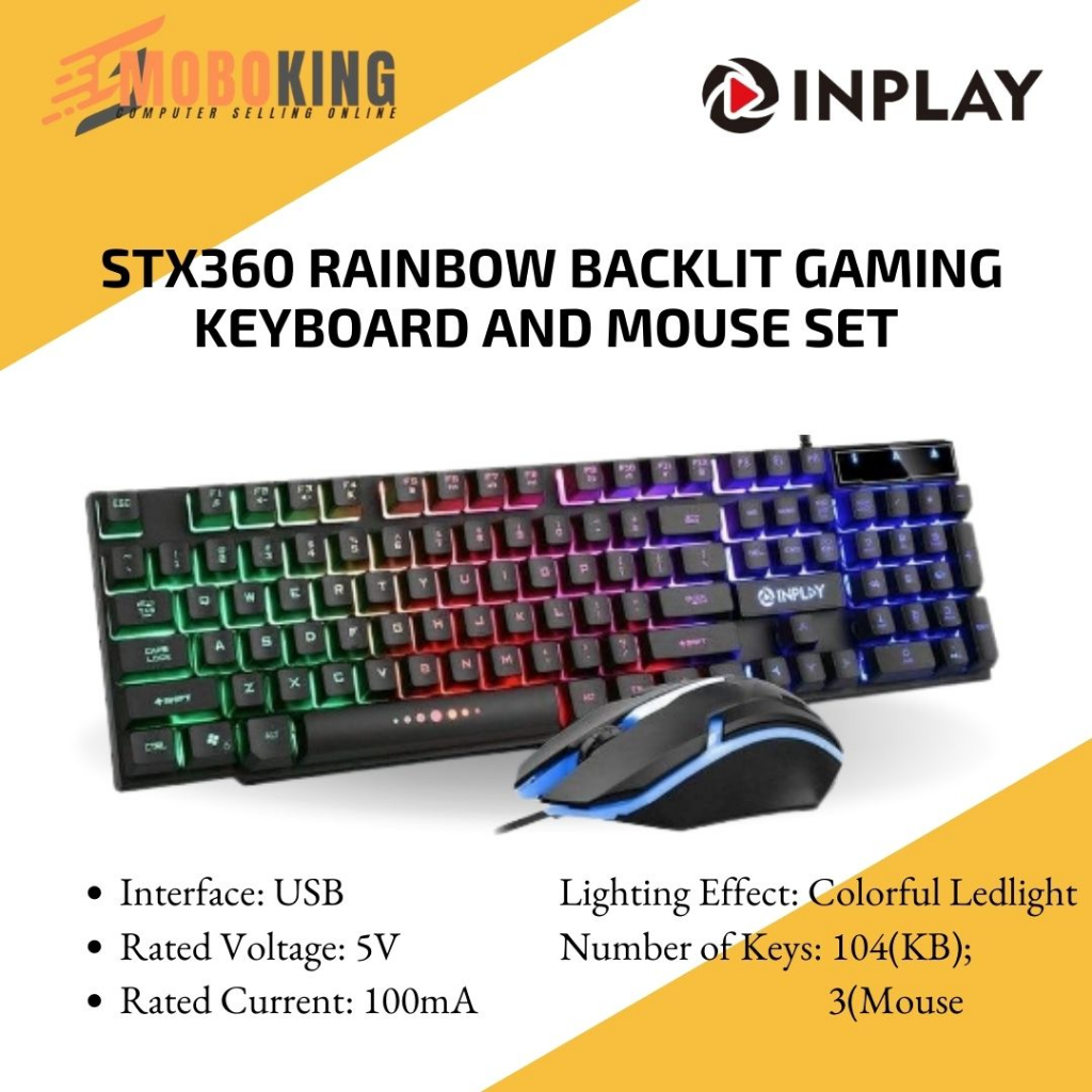 INPLAY STX360 RAINBOW BACKLIT GAMING CORDED KEYBOARD AND MOUSE SET ...