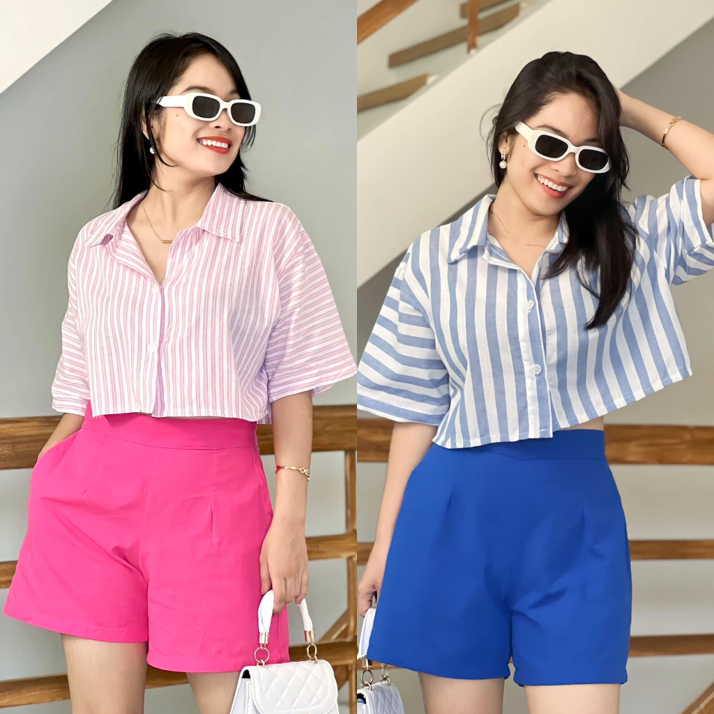KELSEY cropped shortsleeves polo + highwaist shorts with pockets coords ...
