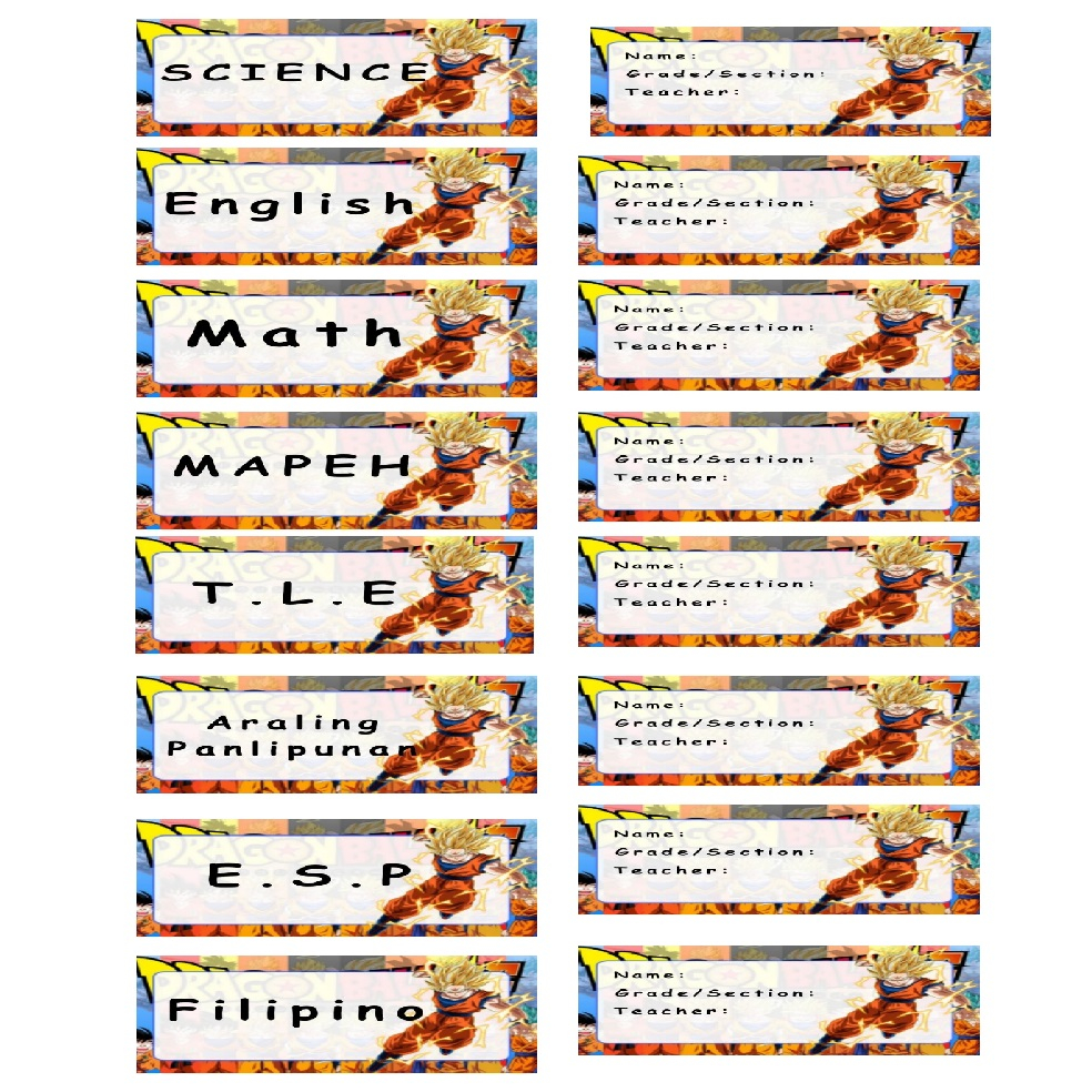 dragon ball name and subject sticker set(8subject 8 name label ...