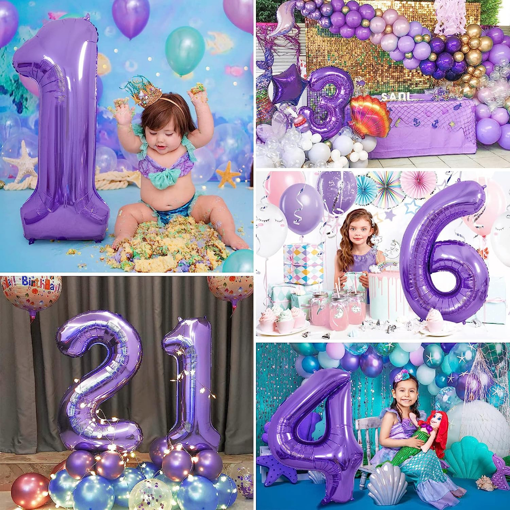 Purple 0-9 Ins Balloons 40 Inch Large Foil Number Balloons Mermaid ...