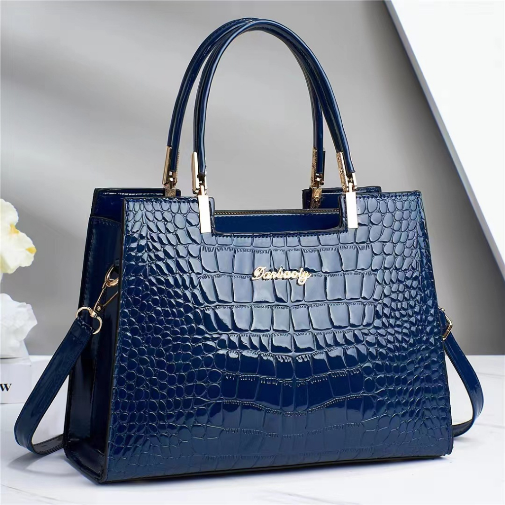Crocodile Embossed Tote Bag, Patent Leather Solid Color Top Handle ...