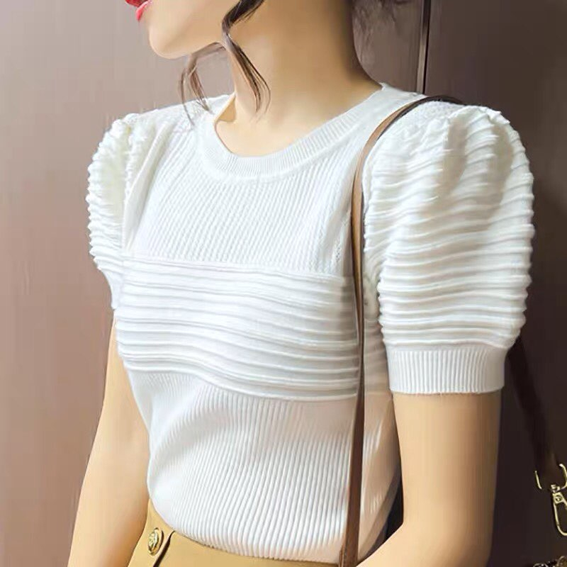 Women's fashion causal round neck puff sleeve plain knitted blouse ...