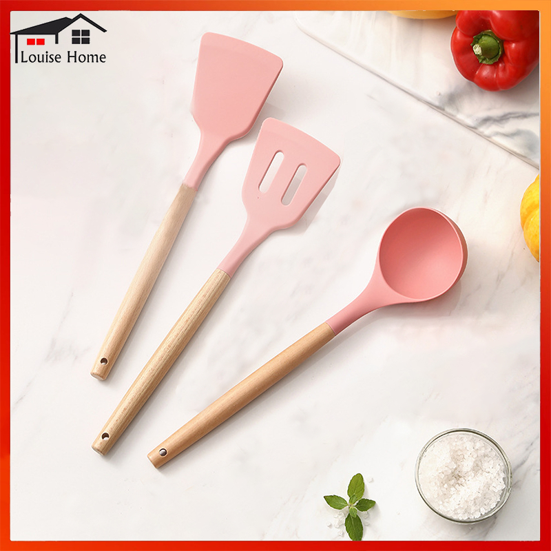 Pink Silicone Kitchenware Cooking Tool Utensils Set With Wooden ...