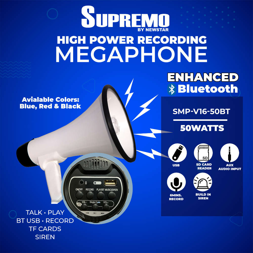Supremo High Power Handheld Megaphone with Microphone 50Watts SMP-V16 ...
