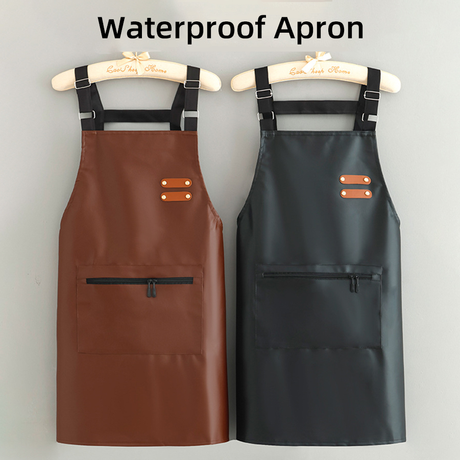 Waterproof PU Apron Korean for Cooking Kitchenwares for Men&Women Black ...
