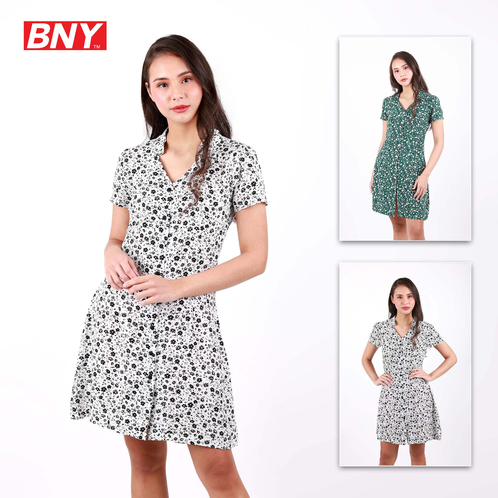 BNY Ladies' rayon floral full-button short-sleeve dress (384) | Shopee ...