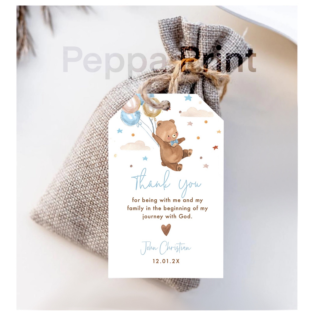 Bear and Balloon Themed Blue Gift Tag for Baptism Christening ...