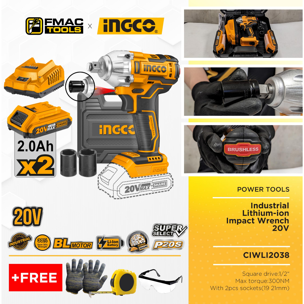INGCO SUPER SELECT Lithium-Ion BRUSHLESS Cordless Impact Wrench 20V ...