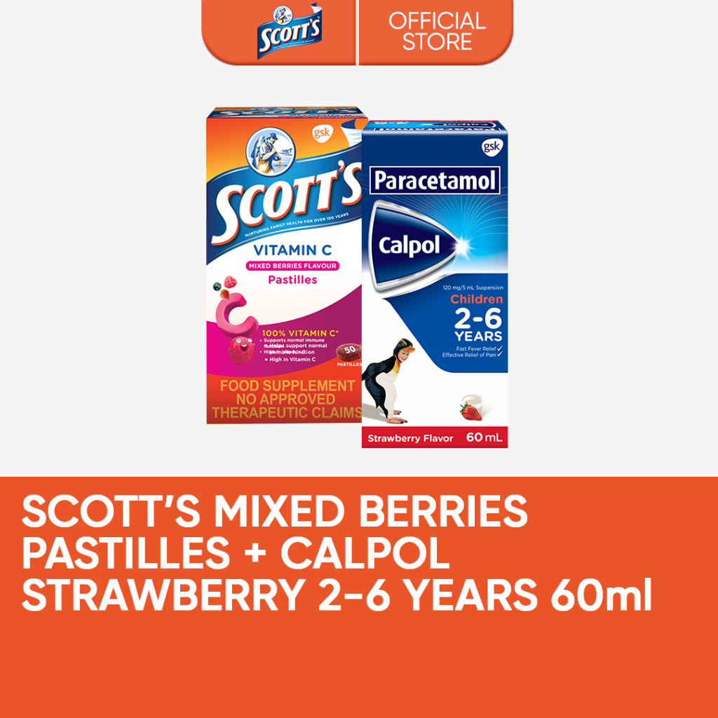 Scott's 100% Vitamin C Mixed Berries 50s + Calpol Strawberry (2-6 Years ...
