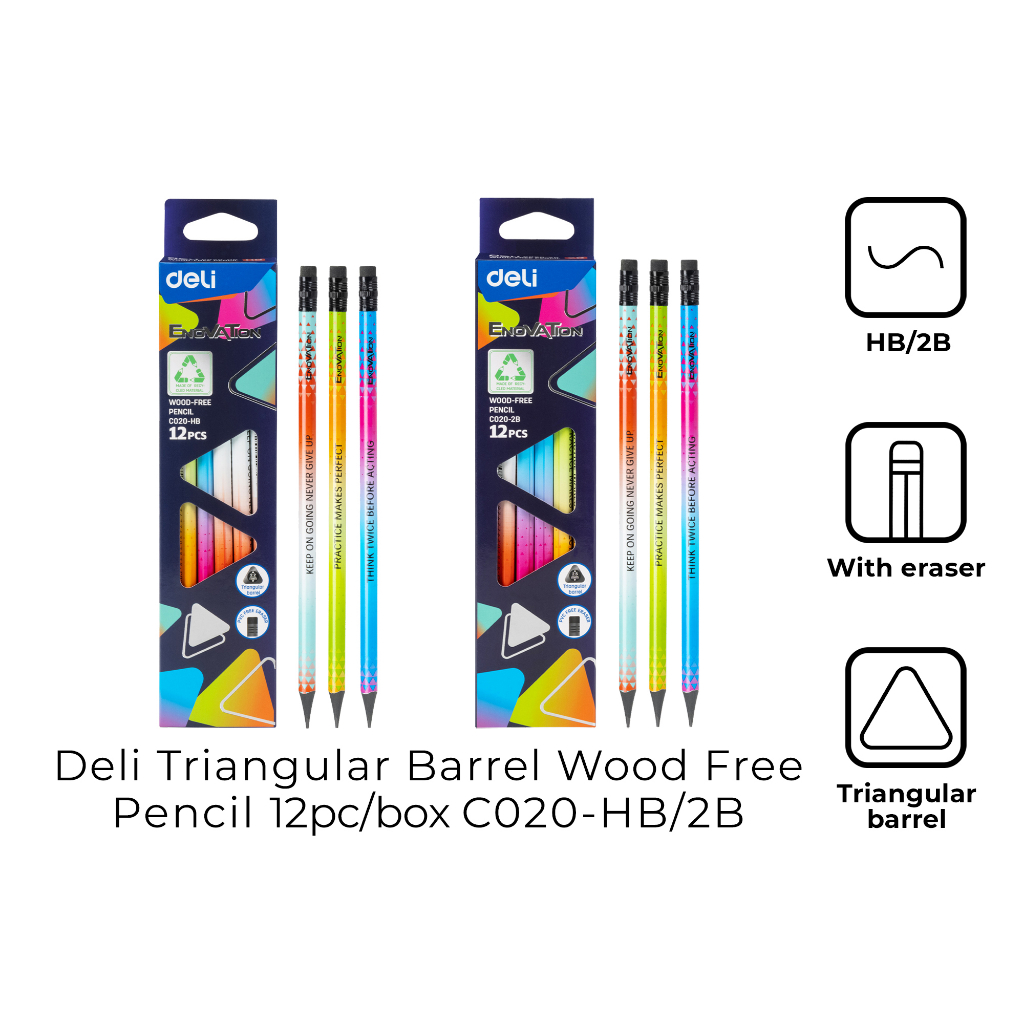 Deli C020-HB 2B Triangular Barrel Wood Free Pencil 12pc/box | Shopee ...