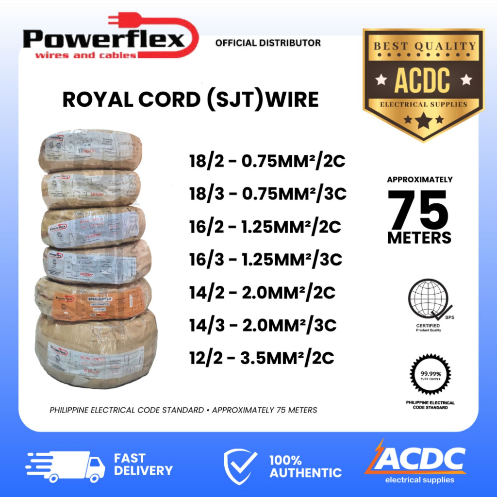 Royal Cord Powerflex Wire 75Meters 2Core , 3Core , 4Core SJT Electrical Wire | Shopee Philippines