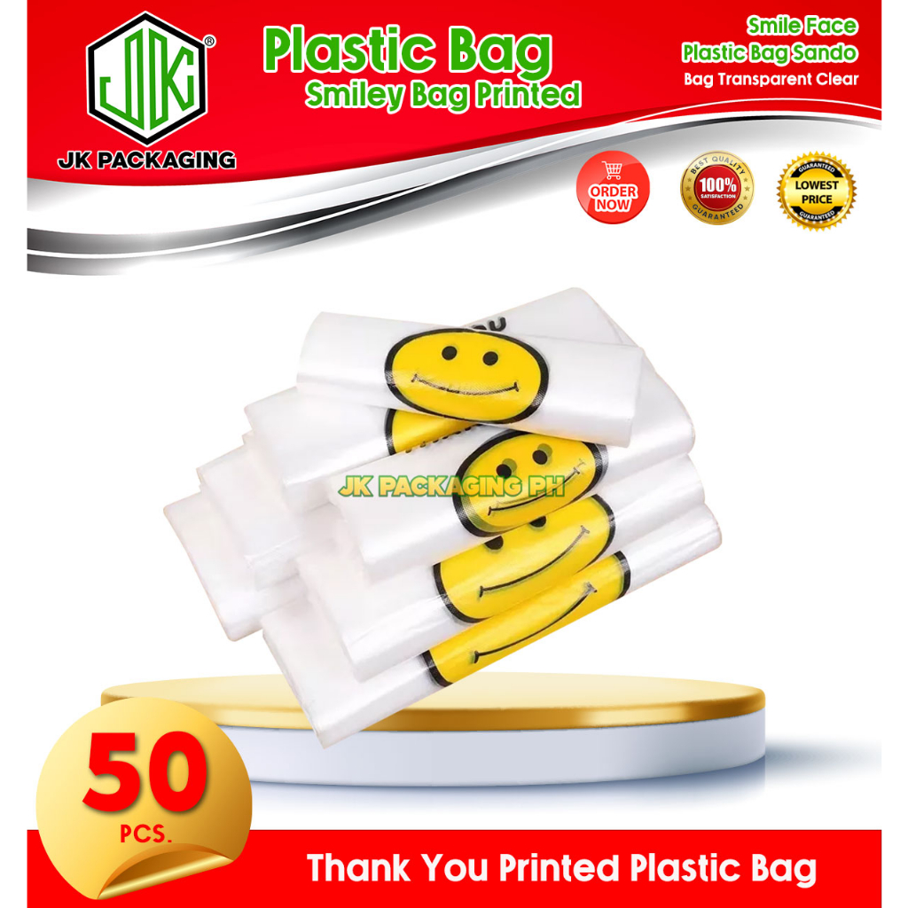 JK PACKAGING PH【 50 PCS.】Thank You Printed Plastic Bag Smile Face Plastic Bag Sando Bag ...