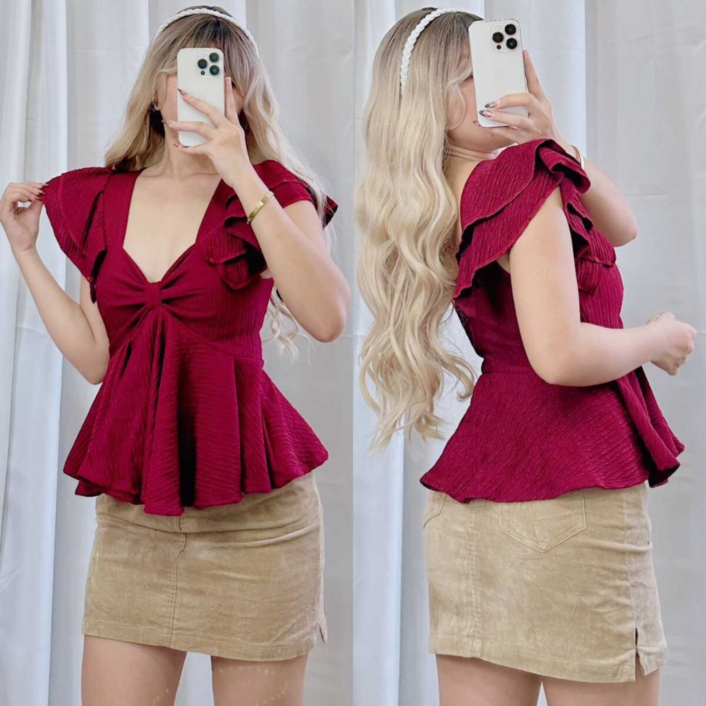 Annabel BARBARA SEXY RIBBON RUFFLE SLEEVES PEPLUM DAILY CASUAL CLASSY ...