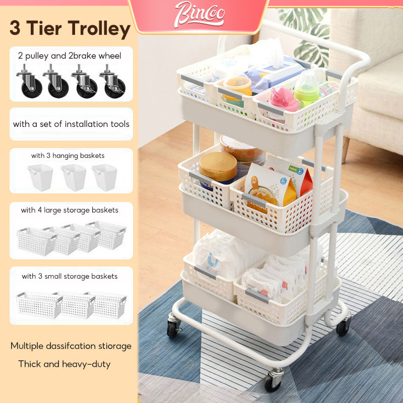 BINCOO Trolley Cart Organizer 3-Tier Utility Cart with Basket for Baby ...