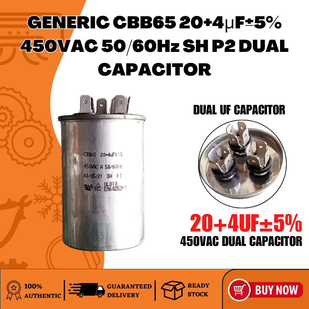 4HMC [ HIGH QUALITY ] GENERIC CBB65 20+4µF±5% 450VAC 50/60Hz SH P2 DUAL ...