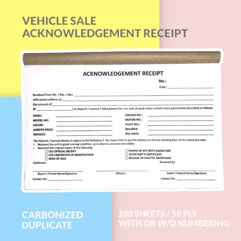 (GENERIC) Acknowledgement Receipt for Motor Vehicle / MOTOR SALES 5x8 ...