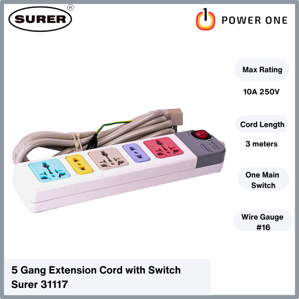 Surer 31117 (3m) 5 Gang Extension Cord with Switch (White) | Shopee ...