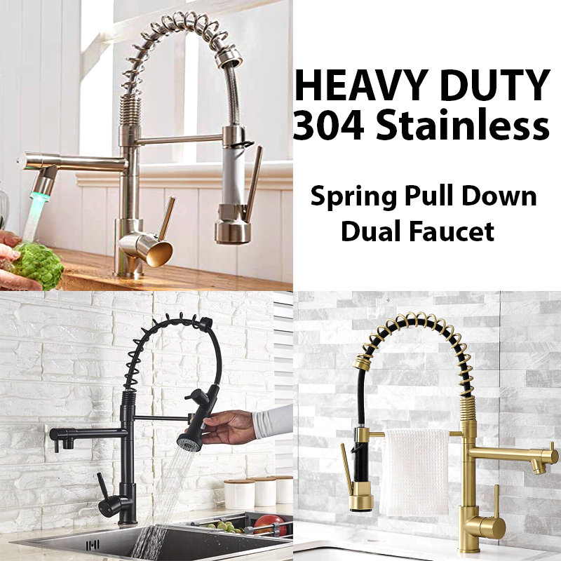 Heavy Duty Spring Pull Down Kitchen Faucet 304 Stainless Hot and Cold ...