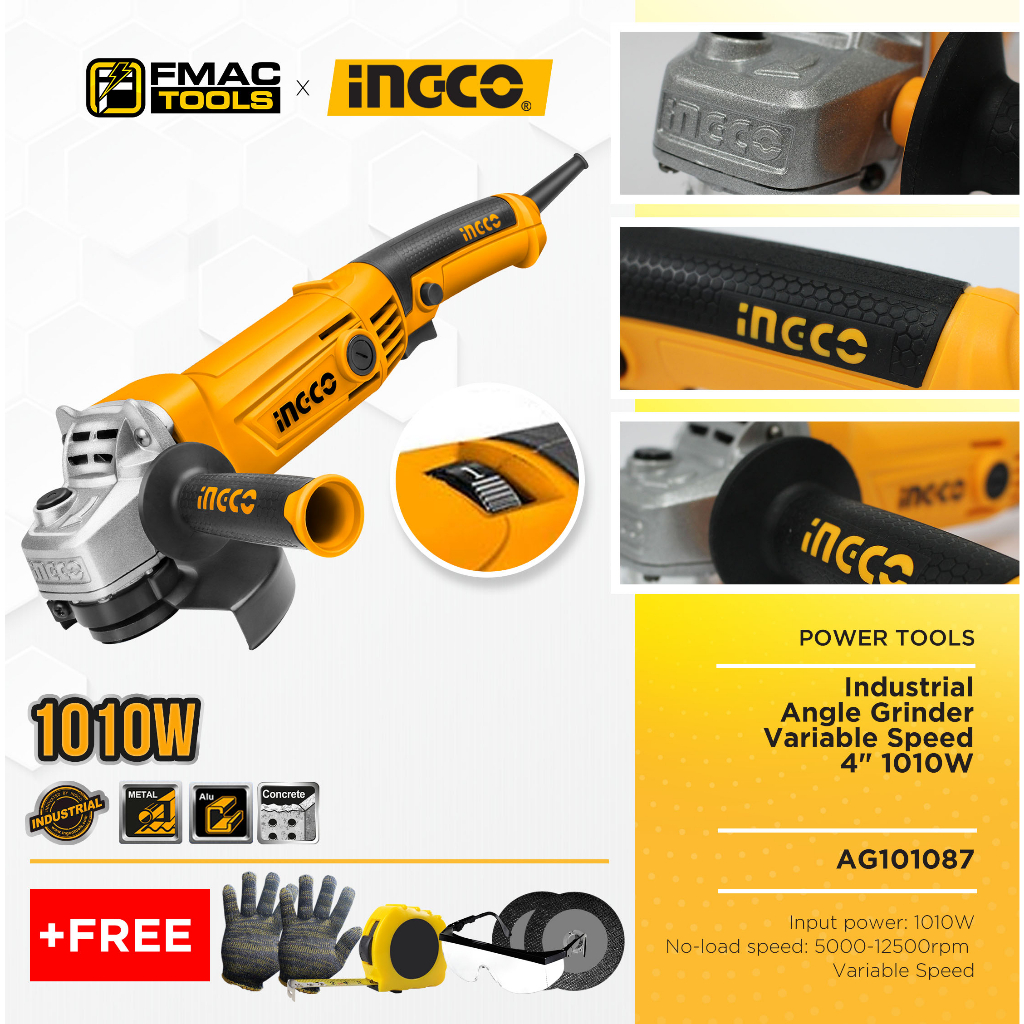 INGCO Industrial Angle Grinder Variable Speed 4" 1010W AG101087 ...