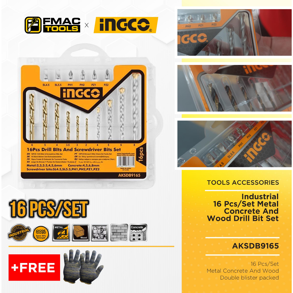 INGCO Industrial 16 Pcs/Set Metal Concrete And Wood Drill Bit Set ...