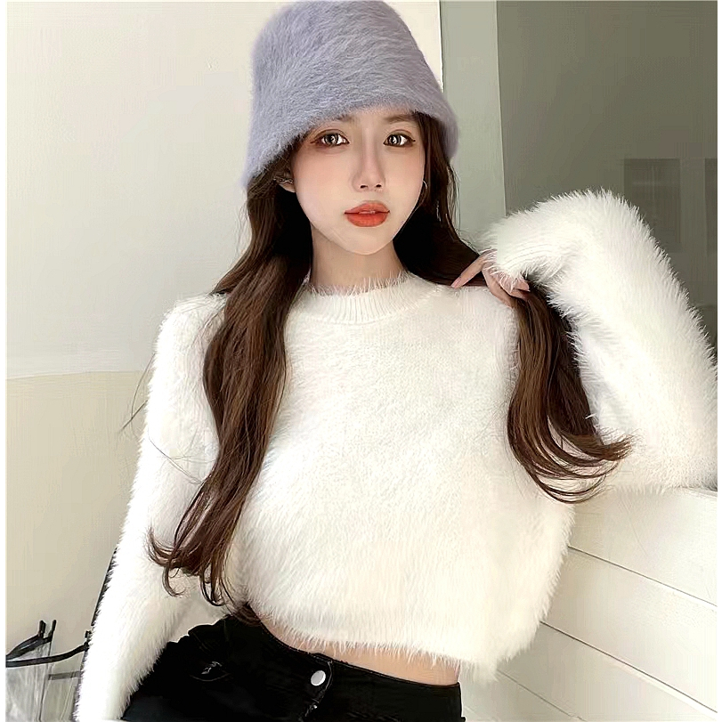Korean Fashion Fur Crop Top Long Sleeve Round Neck Furry Smooth Chic ...