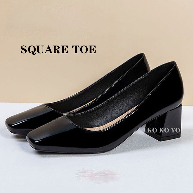Fashion Office Formal Work Black glossy Block Heels shoes Square Toe ...