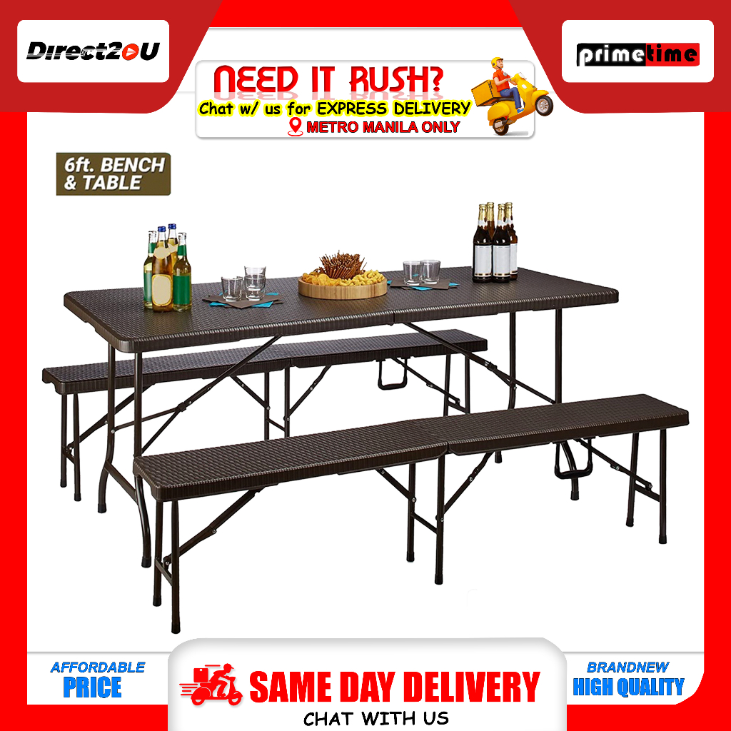 Primetime 6ft. Black Fold-in-Half Plastic Rattan Look Table with 2 pcs ...