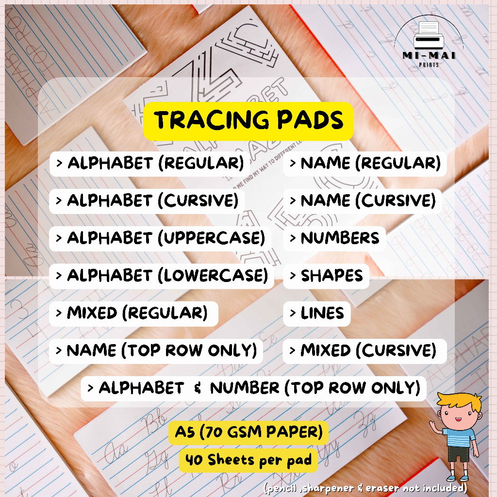 40 PAGES TRACING PAD (Name, Alphabet, Lines, Shapes, Numbers , etc ...