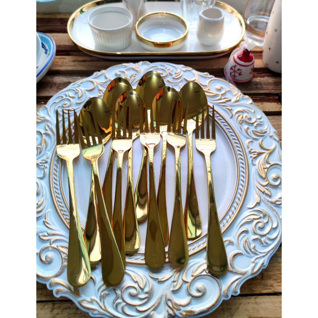 6pcs COD HIGH Quality Gold Plated gold spoon and fork set stainless ...