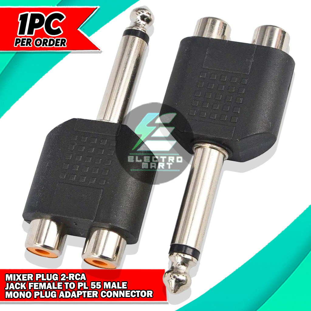MIXER PLUG 2-RCA JACK FEMALE to PL 55 6.35mm MALE MONO PLUG ADAPTER ...