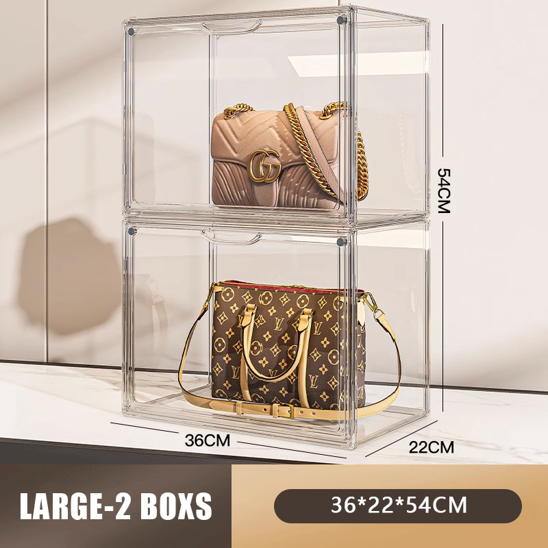 UUOO Stackable Acrylic Bag Organizer Case & Display Box Side Drop ...