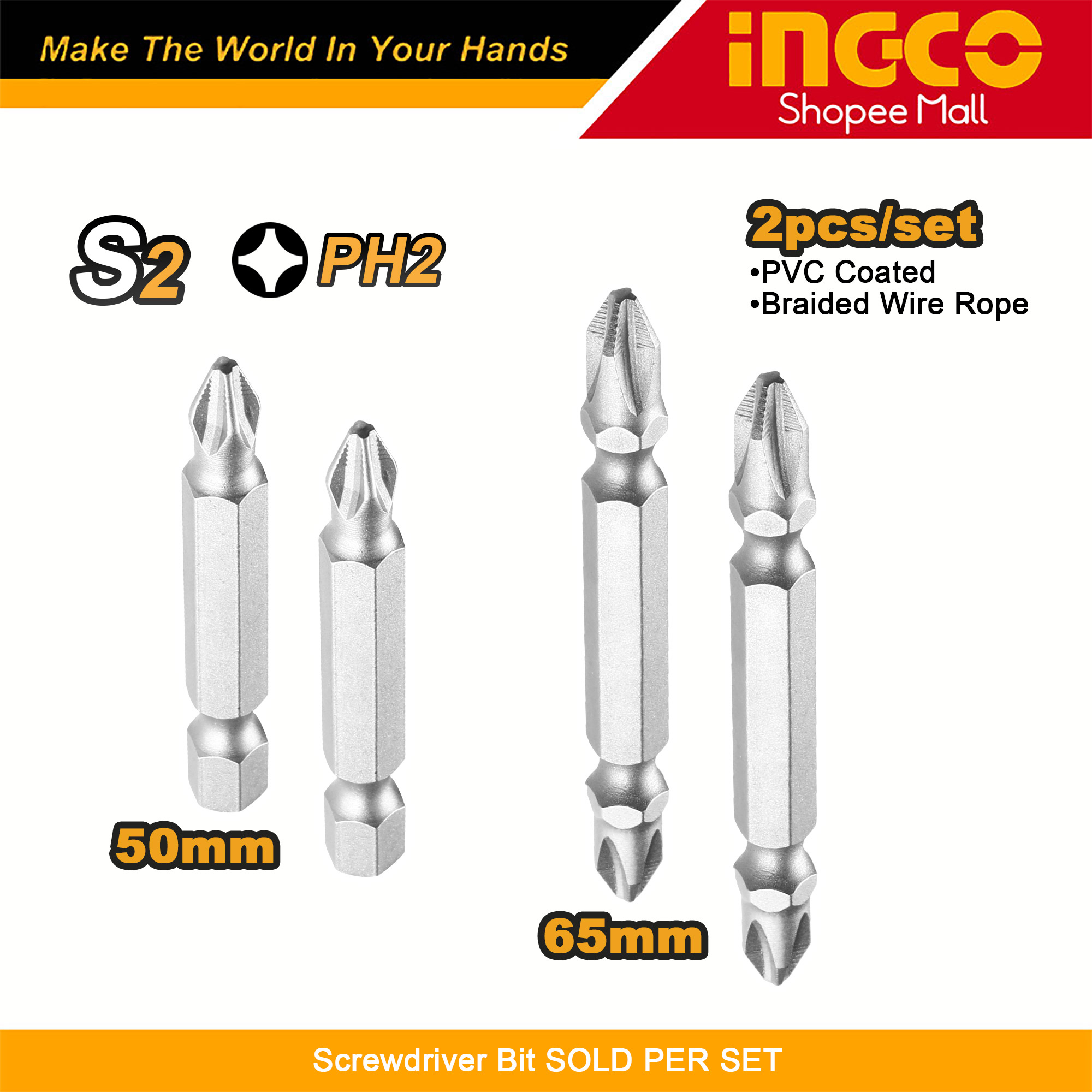 INGCO 2PCS/SET Screwdriver Bits 50mm | 65mm Double Ended Phillips Screw Bit Two-Sided• HT2 ...