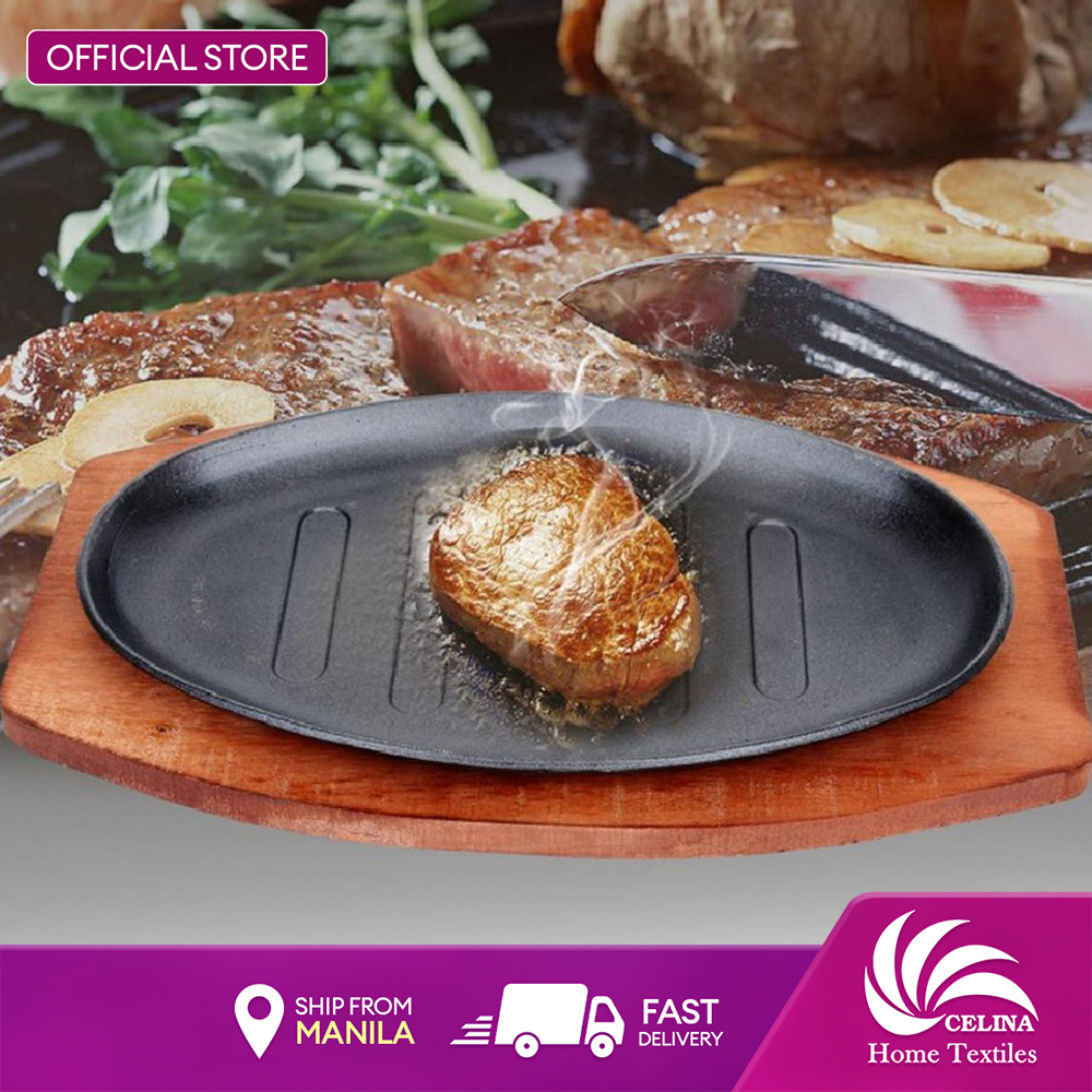 Celina Cast Iron Oval Sizzling Plate with Wood Base Steak Grill Plate ...