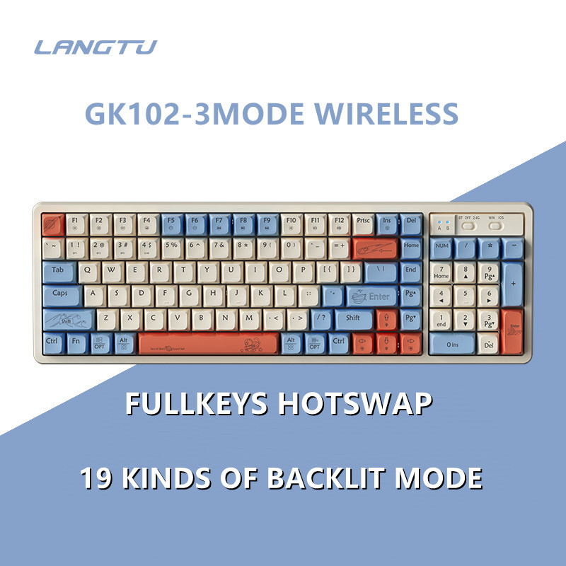 LANGTU gk102 3Mode Wireless Mechanical Keyboard HotSwap RGB backlit Mechanical Keyboard Gold ...
