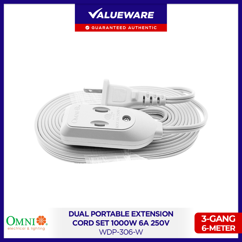 OMNI Dual Portable Extension Cord Set 3-Gang 6-Meter Wire Length 1000W ...