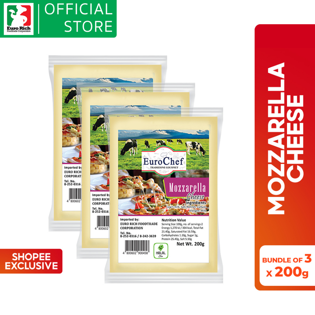 Bundle of 3 - Euro Chef Mozzarella Cheese Block 200g (EXPIRY DATE: D/M ...