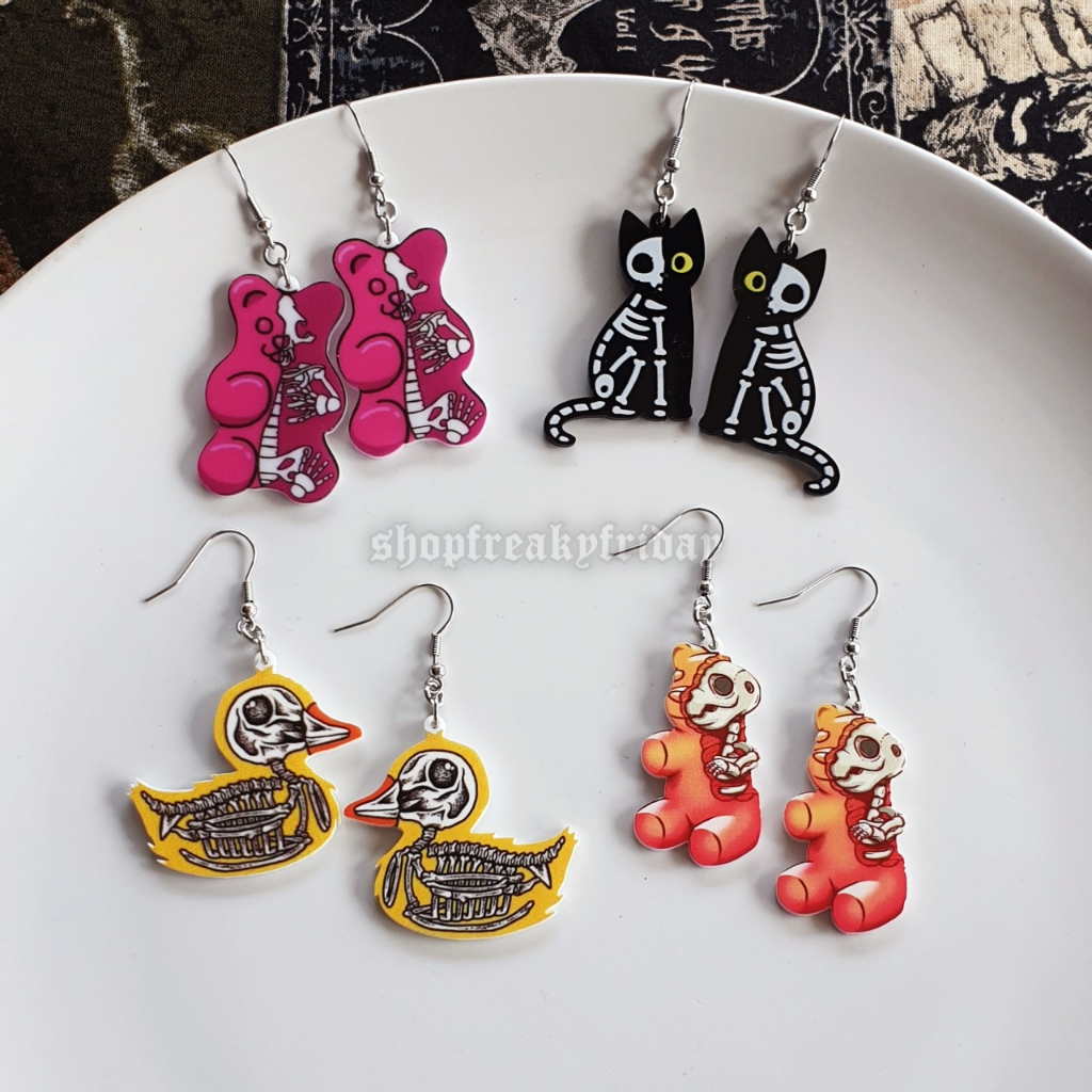 STAINLESS Gothic Kidcore Skeleton Gummy Bear Duck Black Cat Earrings ...
