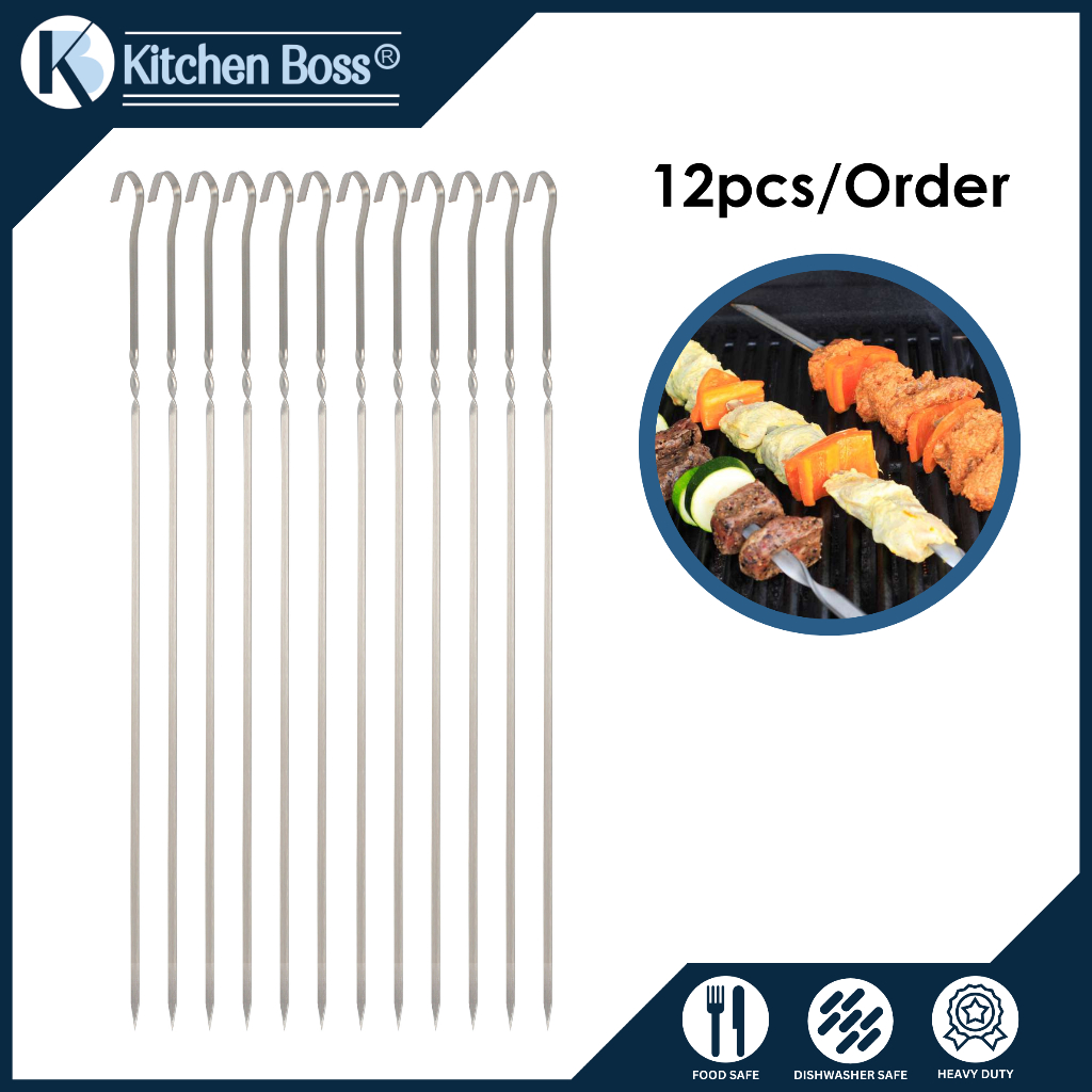 Kitchen Boss 39cm Stainless Steel 12pc BBQ Skewer Barbeque Stick ...