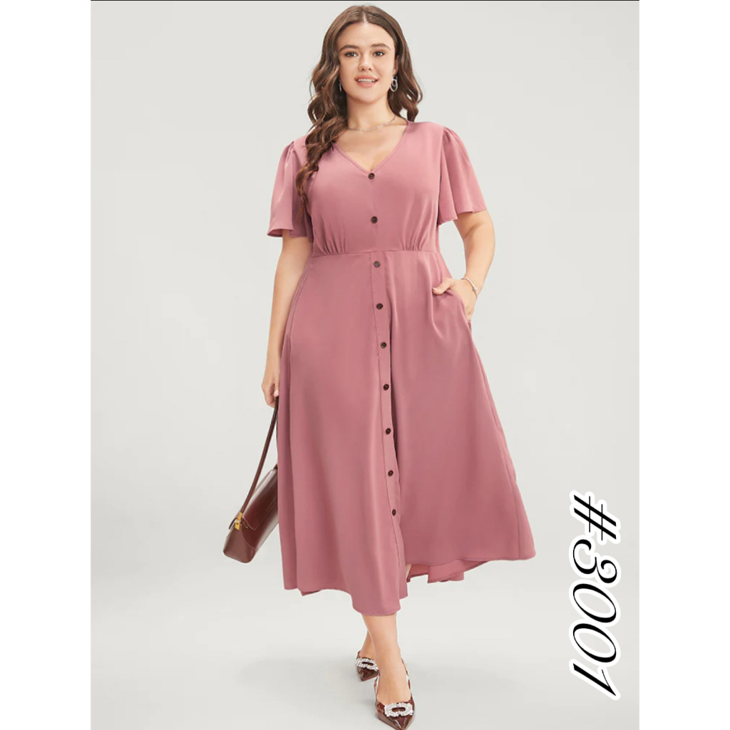 FF Plus Size Plain Ruffle Sleeve Pocket Button Detail Dress #3001 ...