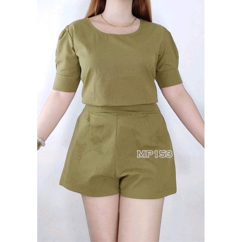 Plain Cotton Linen Puff Sleeves Roundneck Top Terno Highwaist Shorts ...