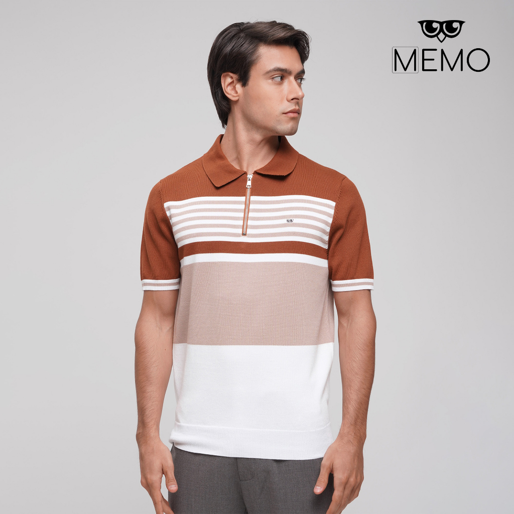 Memo Premium Stripe Zip Up Polo For Men (Tan) | Shopee Philippines