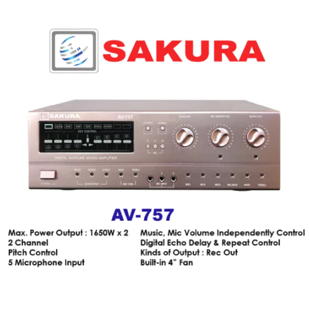 SAKURA AV-757 / 2CH DIGITAL KARAOKE MIXING AMPLIFIER / 1650 WATTS / 4-8 OHMS / PITCH CONTROL ...