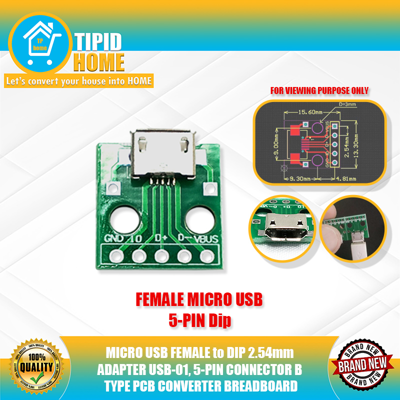 MICRO USB FEMALE to DIP 2.54mm ADAPTER USB-01, 5-PIN CONNECTOR B TYPE ...