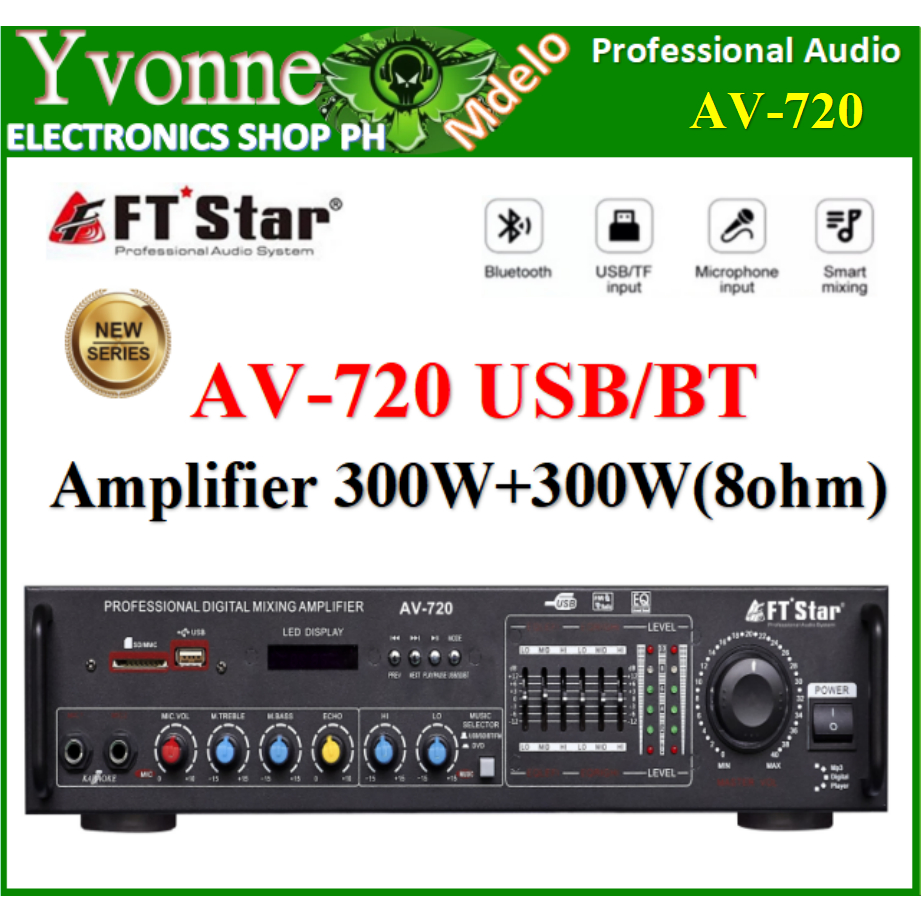 The FTstar Amplifier AV-720 USB/BT 300W+300W(8ohms) HIGH POWER VIDEOKE ...