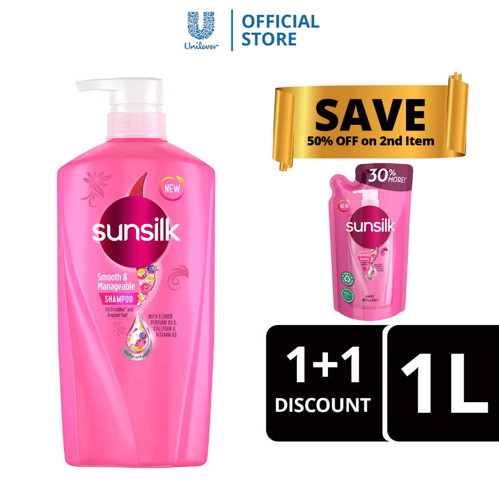 [BUY 1 GET 1 50% OFF] Sunsilk Shampoo Smooth & Manageable 1L + 650ML ...