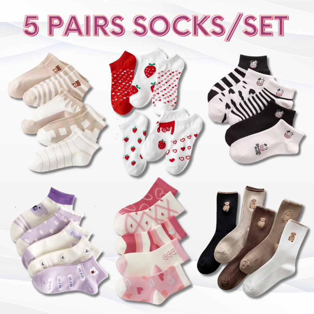 5PAIRS/Set Women Plain Color/ Cute Prints Cat/ Cow Socks Casual Cotton ...