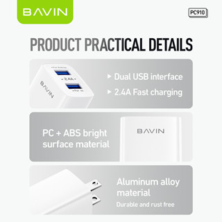 BAVIN PC910 / PC895 2.4A Quick Charging USB Port Wall Charger w/ 1 Meter Cable For Micro Type-C ...